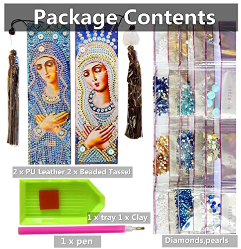 liziciti 2 Pieces 5D Diamond Painting Bookmarks Kits, Virgin Mary Madonna Tassel DIY Art Craft Crystal Rhinestones for Kids Adults Beginner, PU Leather 8.26x2.36 inch, Multicolor (art-zsh-smbqusF)