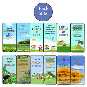 Christian Bookmarks for Kids - Identity in Christ (60 Pack) - Perfect Gift Away for Sunday School and Ministries - VBS Sunday School Easter Baptism Thanksgiving Christmas Rewards Encouragement