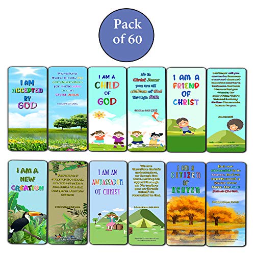 Christian Bookmarks for Kids - Identity in Christ (60 Pack) - Perfect Gift Away for Sunday School and Ministries - VBS Sunday School Easter Baptism Thanksgiving Christmas Rewards Encouragement