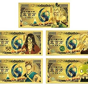 YJacuing Anime Dr. Stone Gold Coated Banknote, Limited Edition Collectible Bill Bookmark (5 PCS Collection)