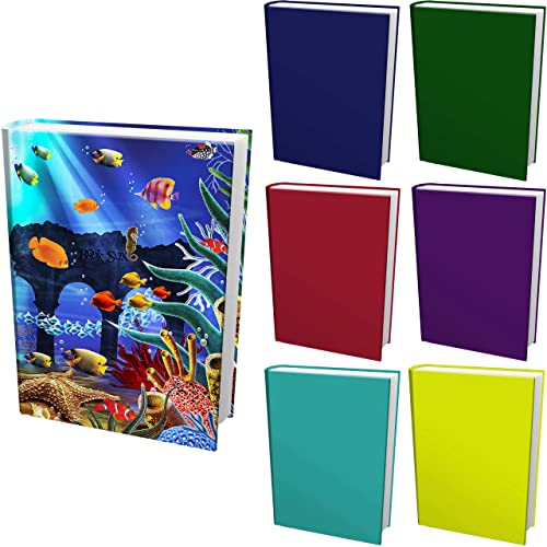 Jumbo, Stretchable Book Cover Solid Color 6 Pack Plus Fun Fish Print. Fits Hardcover Textbooks 9" x 11" and Larger. Reusable, Adhesive-Free, Fabric Protectors are A Needed School Supply for Students