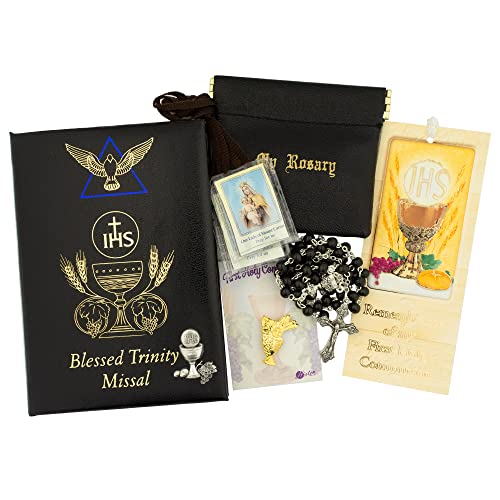 First Holy Communion Gift Set | Catholic Prayer Kit for Children | Includes Blessed Trinity Mass Missal, Bookmark, Rosary, Pouch, and Pin | Black or White for Boys and Girls (Black)