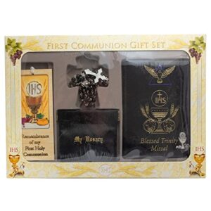 First Holy Communion Gift Set | Catholic Prayer Kit for Children | Includes Blessed Trinity Mass Missal, Bookmark, Rosary, Pouch, and Pin | Black or White for Boys and Girls (Black)