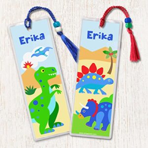 olive kids dinosaur land personalized bookmarks, set of 2, by art appeel