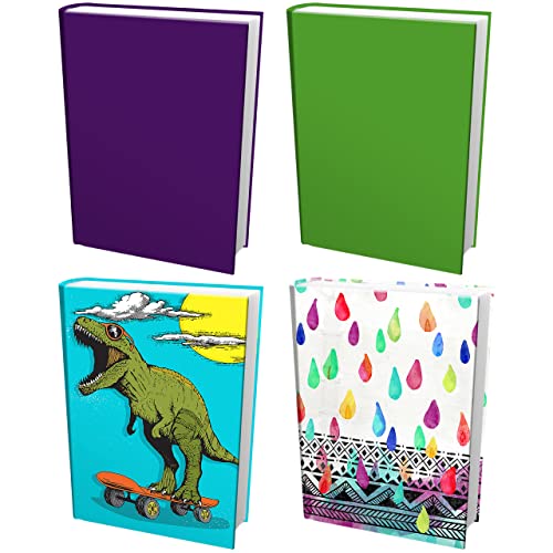 Easy Apply, Stretchable Book Cover 4 Pk. Best Jumbo 9x11 Large Textbook Covers for Back to School. Washable Jacket Fits Most Large Hardcover Books. Perfect Fun, Designs for Girls, Boys, Kids and Teens