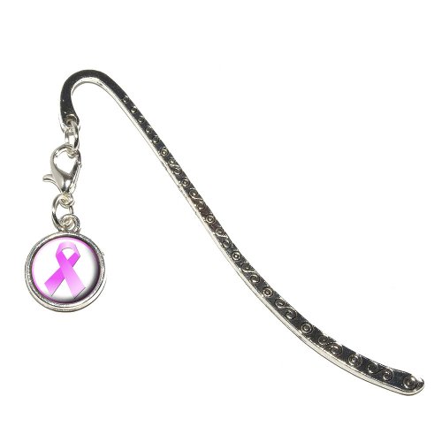 Breast Cancer Pink Ribbon Metal Bookmark Page Marker with Charm