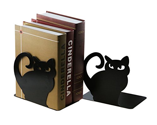 Cute Vivid Lovely Persian Cat Book Organizer Metal Bookends for Kids School Library Desk Study Home Office Decoration Gift (Black)