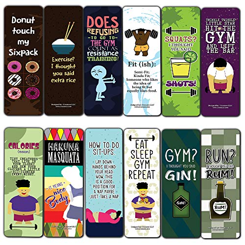 Creanoso Funny Workout Quotes Bookmarks Cards (12-Pack) - Unique Teacher Stocking Stuffers Gifts for Boys, Girls, Kids, Teens, Students - Book Reading Clippers