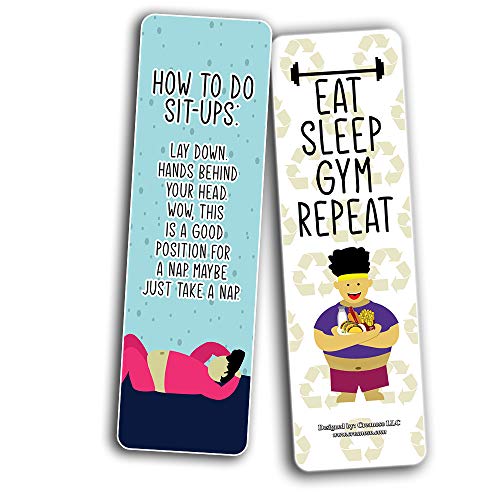 Creanoso Funny Workout Quotes Bookmarks Cards (12-Pack) - Unique Teacher Stocking Stuffers Gifts for Boys, Girls, Kids, Teens, Students - Book Reading Clippers