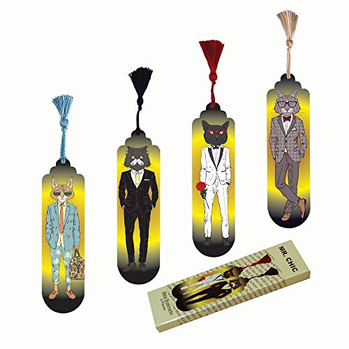 Pictor Gift Mr. Chic Decorative 4 Piece Bookmark Set, Artwork, Funny, Student, Teacher, School, Office, Best Gift Idea for Reader, Book, Cat, Lovers, Metal Pressed with Tassels, Suede Back…