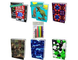 book sox – 6 jumbo prints stretchable book covers with 2 limited editions dinosaurs and vending machine with bonus package of mechanical color pencils