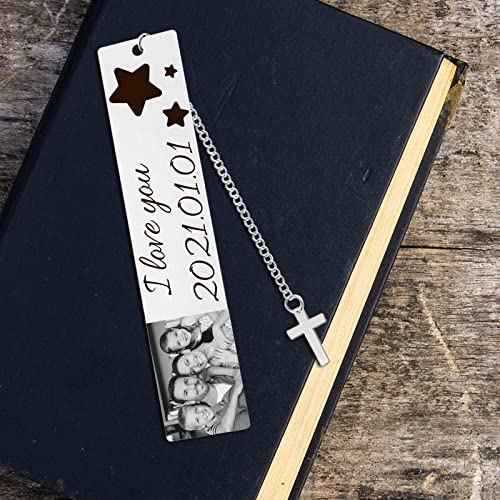 Personalized Engraved Bookmarks with Picture Logo Custom Laser Photo Name Book Mark Customized Metal Bookmarks with Cross for Women Men Teacher Valentine’s Day Gift-Blue