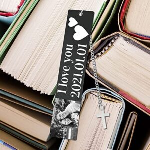 Personalized Engraved Bookmarks with Picture Logo Custom Laser Photo Name Book Mark Customized Metal Bookmarks with Cross for Women Men Teacher Valentine’s Day Gift-Blue