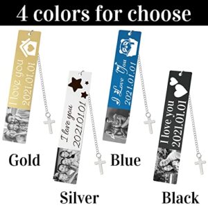 Personalized Engraved Bookmarks with Picture Logo Custom Laser Photo Name Book Mark Customized Metal Bookmarks with Cross for Women Men Teacher Valentine’s Day Gift-Blue