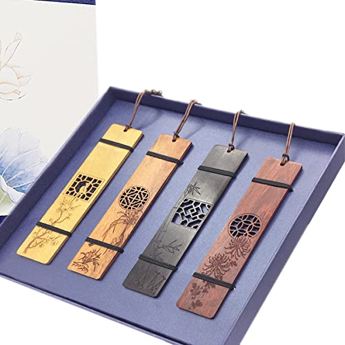 4pcs High-Grade Solid Wood Bookmarks Carved with Plum Orchid Bamboo Chrysanthemum Bookmarks for Women Men and Family