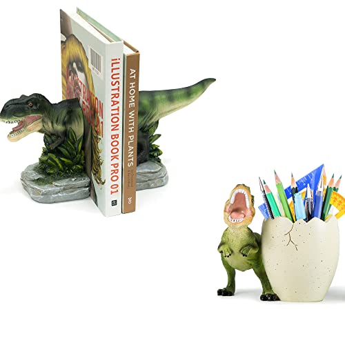 Banllis Dinosaur Pen Holder, Desk Organizers and Accessories + Decorative Bookends Book Ends to Hold Books Heavy Duty, Home Office Decor