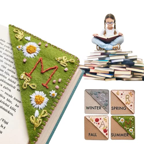 2023 New Style Bookmark Hand Embroidered Corner Bookmark, Season Topic Flower Letter Embroidery Bookmarks, Felt Triangle Page Corner Handmade Bookmark, Felt Triangle Bookmark (Summer)