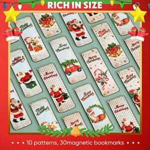 30 Pcs Christmas Magnetic Bookmarks Bulk Vintage Holiday Christmas Character Bookmark Xmas Winter Magnet Page Clip with Santa Snowman Reindeer Tree Pattern for Kids Student Christmas Favor Present