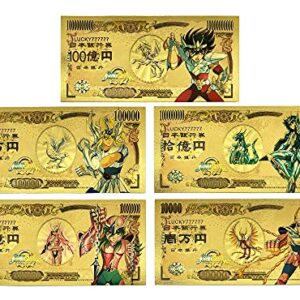 YJacuing Anime Saint Seiya Gold Coated Banknote, Limited Edition Collectible Bill Bookmark (5 PCS Collection)