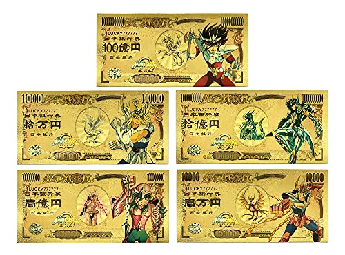 YJacuing Anime Saint Seiya Gold Coated Banknote, Limited Edition Collectible Bill Bookmark (5 PCS Collection)