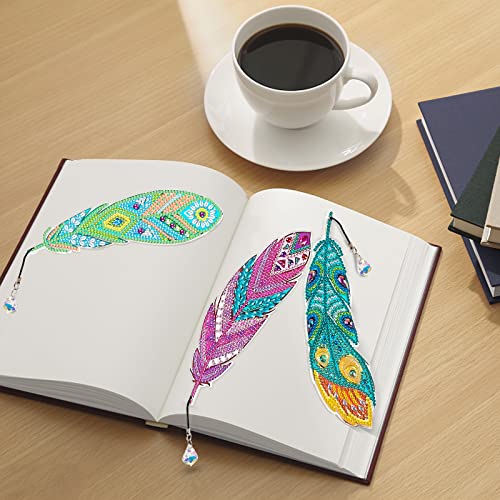 6 Pcs 5D Diamond Painting Bookmarks DIY Feather Bookmark Crystal Pendant Bookmark for Home Office School,Diamond Painting Arts Crafts Gifts for Adults and Kids