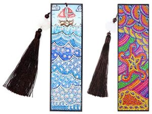 sailboat and starfish diamond painting bookmark – pigpigboss 2 packs diy bookmark diamond painting arts crfats kit leathe tassel diamond painting bookmark starfish bookmark diamond dots (21 x 6 cm)