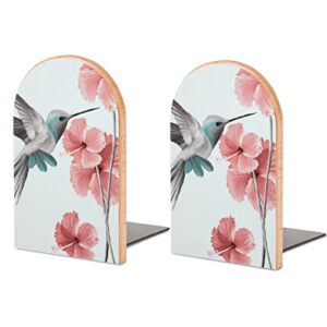 Wooden Book Ends 2 Pieces,Hummingbird with Hibiscus Decorative Bookshelf Sturdy Book Holders for Home Office School Book Organizers 5x3.1x3.9 inches