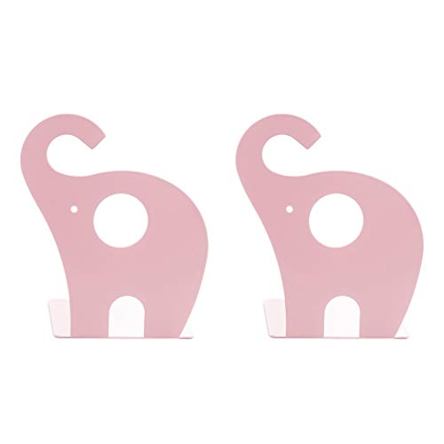 FAVOMOTO 1 Pair Metal Bookends Cute Cartoon Elephant Shape Bookend Stand Book Stoppers Bookshelf Holder Organizer for Bedroom Office School Book Display Pink