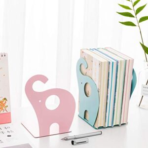 FAVOMOTO 1 Pair Metal Bookends Cute Cartoon Elephant Shape Bookend Stand Book Stoppers Bookshelf Holder Organizer for Bedroom Office School Book Display Pink