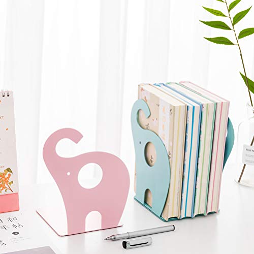 FAVOMOTO 1 Pair Metal Bookends Cute Cartoon Elephant Shape Bookend Stand Book Stoppers Bookshelf Holder Organizer for Bedroom Office School Book Display Pink