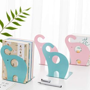 FAVOMOTO 1 Pair Metal Bookends Cute Cartoon Elephant Shape Bookend Stand Book Stoppers Bookshelf Holder Organizer for Bedroom Office School Book Display Pink