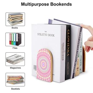 Book Ends Boho Hippie Mandala Pink Bookends for Shelves to Hold Books Heavy Duty Non-Slip Book Stoppers Wood Decorative Home Office