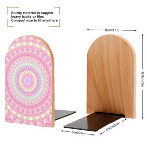 Book Ends Boho Hippie Mandala Pink Bookends for Shelves to Hold Books Heavy Duty Non-Slip Book Stoppers Wood Decorative Home Office