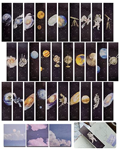 Daily Treasures 30Pcs Space Theme Bookmarks, Colorful Universe Book Markers with 3Pack Moon Sticky Notes-Double Side Galaxy Planet Spaceship Inspirational Bookmarks for Space Enthusiasts, Book Lovers