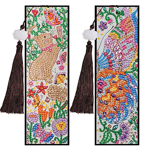 Cat Butterfly Bookmark with Diamond - pigpigboss 2 Pieces Bookmark Diamond Painting Kit Leather Bookmark Diamond Dots Art with Tassel for Student Adult Graduation Gift (21 x 6 cm)