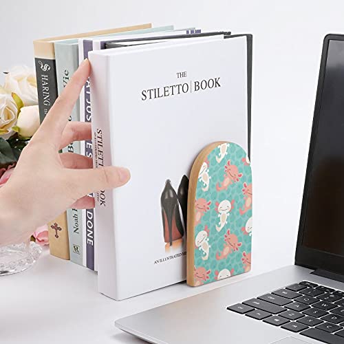 Kawaii Axolotl Pattern Wooden Shelves Bookends Desktop Book Stand Book Ends Books Holder for Library School Home Office Study Bedroom Decoration（Logs）