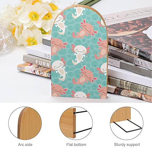 Kawaii Axolotl Pattern Wooden Shelves Bookends Desktop Book Stand Book Ends Books Holder for Library School Home Office Study Bedroom Decoration（Logs）