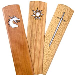 American Made Hardwood Bookmark Set for Book Lovers, Fantasy Theme (Dragon, Longsword, Sun Symbols)