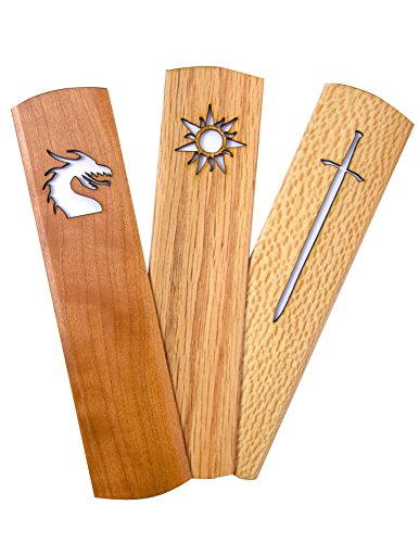 American Made Hardwood Bookmark Set for Book Lovers, Fantasy Theme (Dragon, Longsword, Sun Symbols)