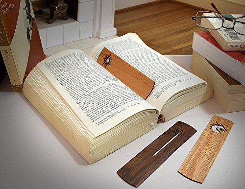 American Made Hardwood Bookmark Set for Book Lovers, Fantasy Theme (Dragon, Longsword, Sun Symbols)