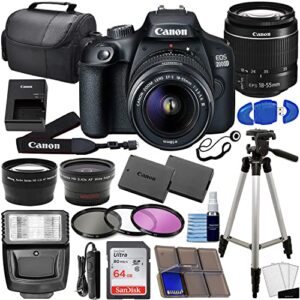 camera eos 2000d (rebel t7) dslr with 18-55mm f/3.5-5.6 3 lens kit bundled with + 64gb memory card, extra battery, 3pc filter kit, tripod, case + complete photo bundle – international model