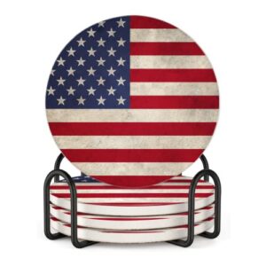 usa flag coasters with holder,absorbent coaster sets of 4,cork base，ceramic drink coaster for tabletop protection,suitable for kinds of cups,wooden table,4 inches