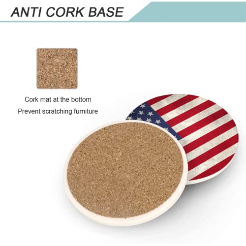 USA Flag Coasters with Holder,Absorbent Coaster Sets of 4,Cork Base，Ceramic Drink Coaster for Tabletop Protection,Suitable for Kinds of Cups,Wooden Table,4 Inches