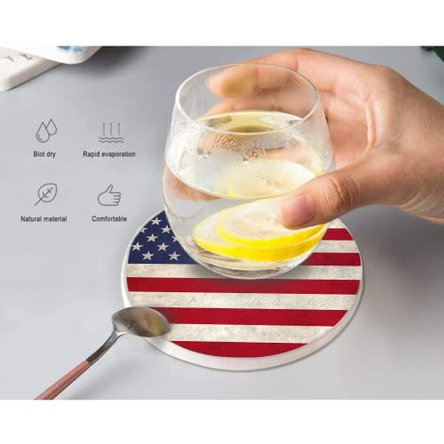 USA Flag Coasters with Holder,Absorbent Coaster Sets of 4,Cork Base，Ceramic Drink Coaster for Tabletop Protection,Suitable for Kinds of Cups,Wooden Table,4 Inches