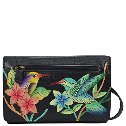 Anna by Anuschka Women’s Hand-Painted Genuine Leather Organizer Wallet On a String - Birds in Paradise Black