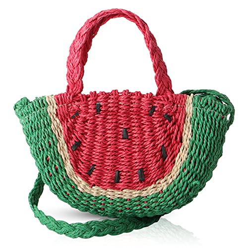 QTKJ Mini Semi-circle Rattan Straw Handbags, Hand-woven Women Summer Retro Straw Tote Bag Watermelon Design Shoulder Bag Crossbody Bag Round Handle