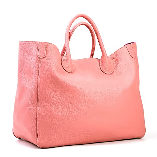 Oversize Tote Bag for Women Genuine Leather Handbags and Purses Cowhide Brown Large Shopper Bag Female Travel Handbag (about 41cm-21cm-34cm,Pink), Brown,pink