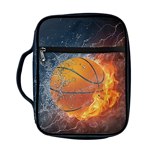 Dreaweet Fire Water Basketball Print Bible Case for Men Boys Teens, Portable Bible Cover Bags Carrying Book Case Church Bag Bible Protector with Handle and Zippered Pocket