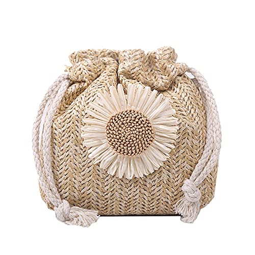 Gogobear Cute Straw Purses for Girls Summer Beach Crossbody Bags Woven Drawstring Handbag(Khaki)