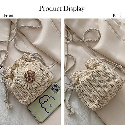 Gogobear Cute Straw Purses for Girls Summer Beach Crossbody Bags Woven Drawstring Handbag(Khaki)